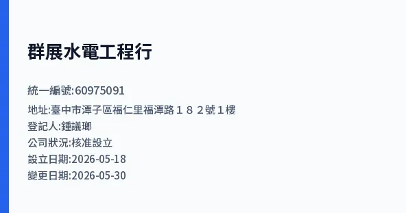 群展水電工程行的照片-統編 60975091(臺中市) 公司登記資料與營業項目詳細圖表