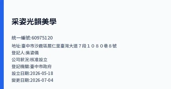 采姿光韻美學的照片-統編 60975120(臺中市) 公司登記資料與營業項目詳細圖表
