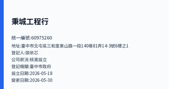 秉城工程行的照片-統編 60975260(臺中市) 公司登記資料與營業項目詳細圖表