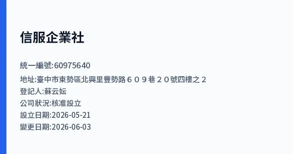 信服企業社的照片-統編 60975640(臺中市) 公司登記資料與營業項目詳細圖表
