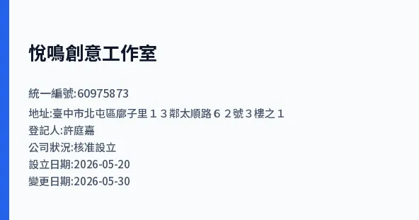 悅鳴創意工作室的照片-統編 60975873(臺中市) 公司登記資料與營業項目詳細圖表