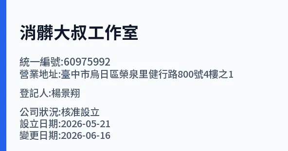 消髒大叔工作室的照片-統編 60975992(臺中市) 公司登記資料與營業項目詳細圖表