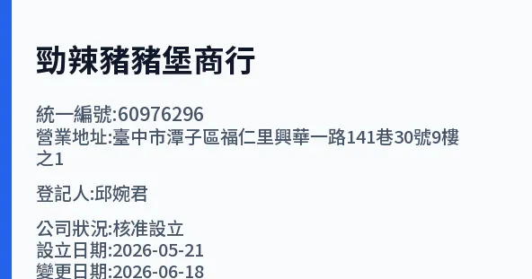 勁辣豬豬堡商行的照片-統編 60976296(臺中市) 公司登記資料與營業項目詳細圖表
