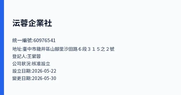 沄蓉企業社的照片-統編 60976541(臺中市) 公司登記資料與營業項目詳細圖表