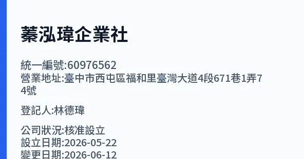 蓁泓瑋企業社的照片-統編 60976562(臺中市) 公司登記資料與營業項目詳細圖表