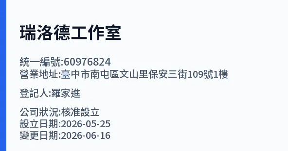 瑞洛德工作室的照片-統編 60976824(臺中市) 公司登記資料與營業項目詳細圖表