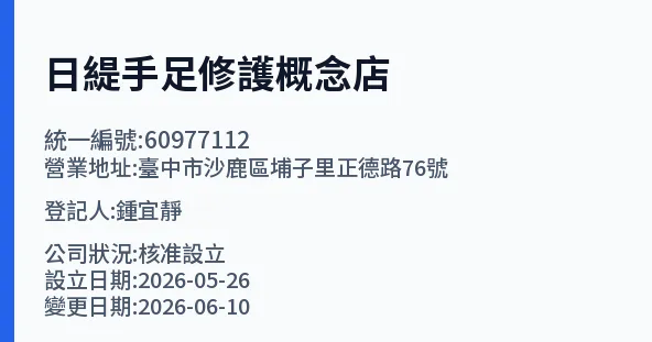 日緹手足修護概念店的照片-統編 60977112(臺中市) 公司登記資料與營業項目詳細圖表