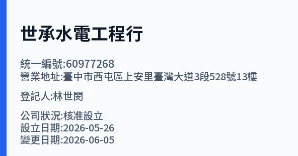 世承水電工程行的照片-統編 60977268(臺中市) 公司登記資料與營業項目詳細圖表