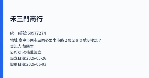 禾三門商行的照片-統編 60977274(臺中市) 公司登記資料與營業項目詳細圖表
