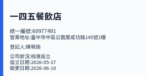 一四五餐飲店的照片-統編 60977491(臺中市) 公司登記資料與營業項目詳細圖表