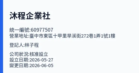 沐程企業社的照片-統編 60977507(臺中市) 公司登記資料與營業項目詳細圖表