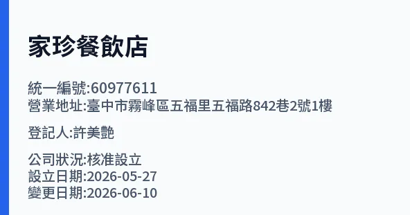 家珍餐飲店的照片-統編 60977611(臺中市) 公司登記資料與營業項目詳細圖表