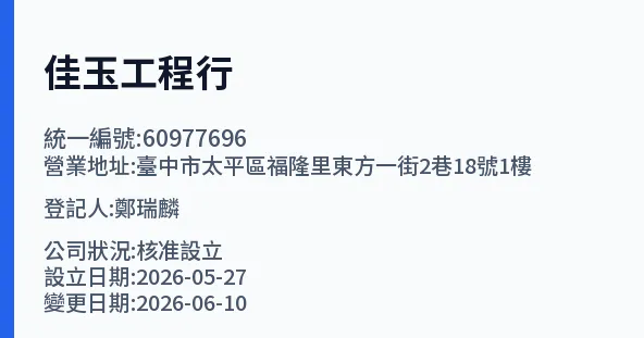 佳玉工程行的照片-統編 60977696(臺中市) 公司登記資料與營業項目詳細圖表