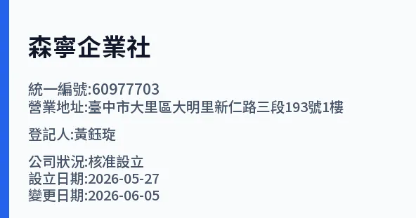 森寧企業社的照片-統編 60977703(臺中市) 公司登記資料與營業項目詳細圖表