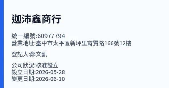 迦沛鑫商行的照片-統編 60977794(臺中市) 公司登記資料與營業項目詳細圖表