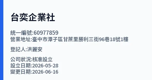台奕企業社的照片-統編 60977859(臺中市) 公司登記資料與營業項目詳細圖表