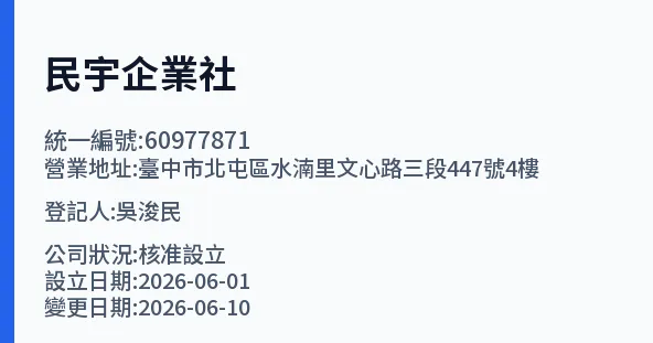 民宇企業社的照片-統編 60977871(臺中市) 公司登記資料與營業項目詳細圖表