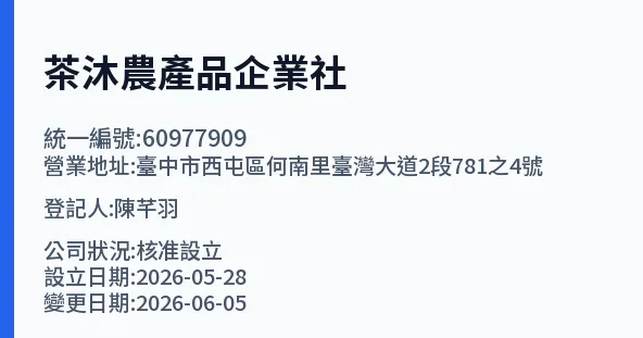 茶沐農產品企業社的照片-統編 60977909(臺中市) 公司登記資料與營業項目詳細圖表
