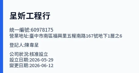 呈妡工程行的照片-統編 60978175(臺中市) 公司登記資料與營業項目詳細圖表