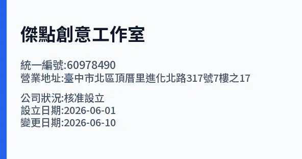 傑點創意工作室的照片-統編 60978490(臺中市) 公司登記資料與營業項目詳細圖表