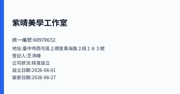 紫晴美學工作室的照片-統編 60978652(臺中市) 公司登記資料與營業項目詳細圖表