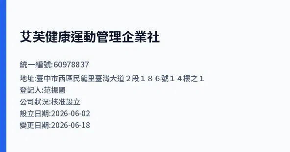 艾芙健康運動管理企業社的照片-統編 60978837(臺中市) 公司登記資料與營業項目詳細圖表
