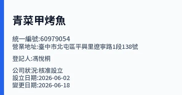 青菜甲烤魚的照片-統編 60979054(臺中市) 公司登記資料與營業項目詳細圖表