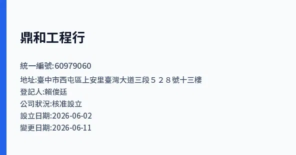 鼎和工程行的照片-統編 60979060(臺中市) 公司登記資料與營業項目詳細圖表