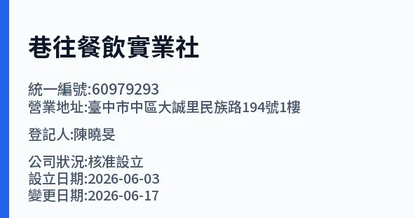 巷往餐飲實業社的照片-統編 60979293(臺中市) 公司登記資料與營業項目詳細圖表