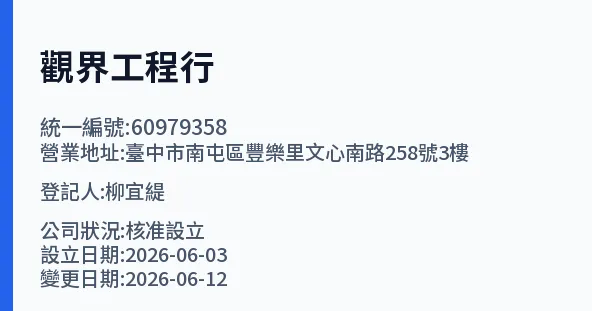 觀界工程行的照片-統編 60979358(臺中市) 公司登記資料與營業項目詳細圖表