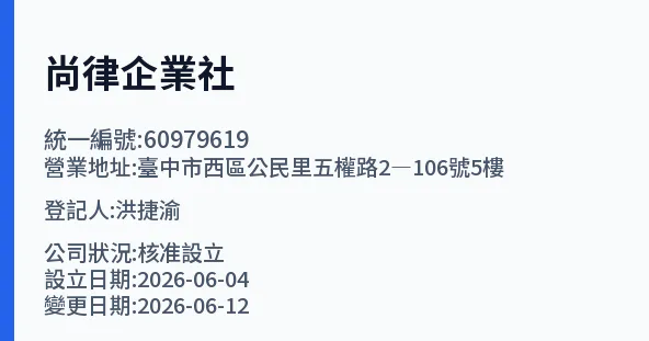 尚律企業社的照片-統編 60979619(臺中市) 公司登記資料與營業項目詳細圖表