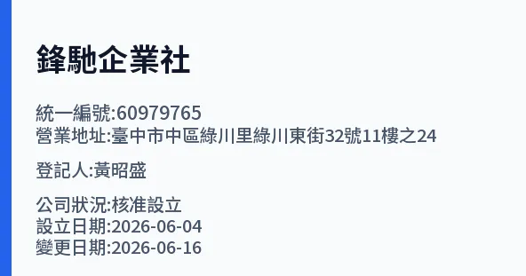 鋒馳企業社的照片-統編 60979765(臺中市) 公司登記資料與營業項目詳細圖表