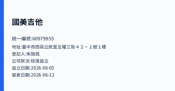 國美吉他的照片-統編 60979955(臺中市) 公司登記資料與營業項目詳細圖表