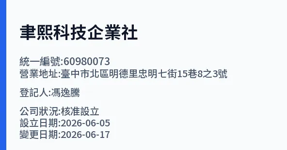 聿熙科技企業社的照片-統編 60980073(臺中市) 公司登記資料與營業項目詳細圖表