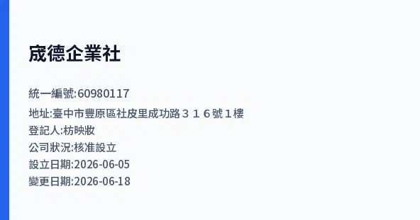宬德企業社的照片-統編 60980117(臺中市) 公司登記資料與營業項目詳細圖表