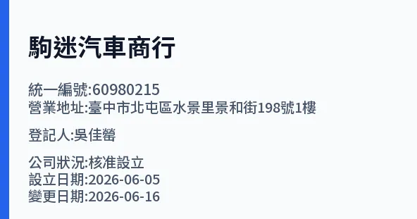 駒迷汽車商行的照片-統編 60980215(臺中市) 公司登記資料與營業項目詳細圖表
