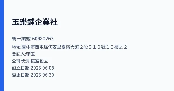 玉樂鋪企業社的照片-統編 60980263(臺中市) 公司登記資料與營業項目詳細圖表