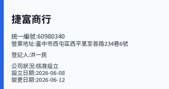 捷富商行的照片-統編 60980340(臺中市) 公司登記資料與營業項目詳細圖表