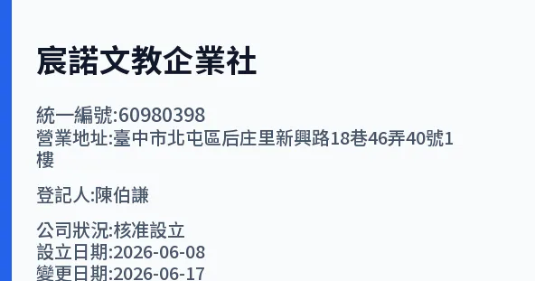 宸諾文教企業社的照片-統編 60980398(臺中市) 公司登記資料與營業項目詳細圖表