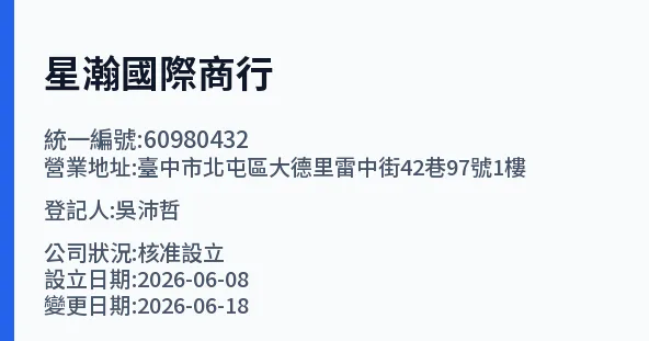 星瀚國際商行的照片-統編 60980432(臺中市) 公司登記資料與營業項目詳細圖表