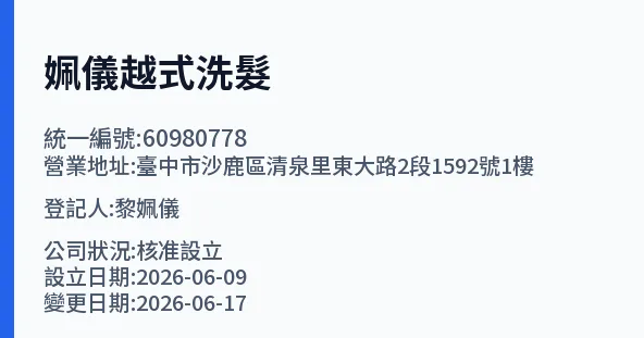 姵儀越式洗髮的照片-統編 60980778(臺中市) 公司登記資料與營業項目詳細圖表