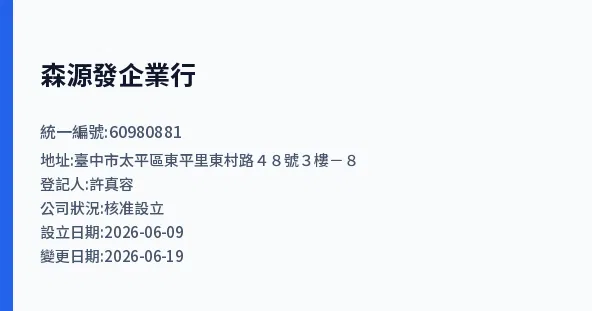 森源發企業行的照片-統編 60980881(臺中市) 公司登記資料與營業項目詳細圖表