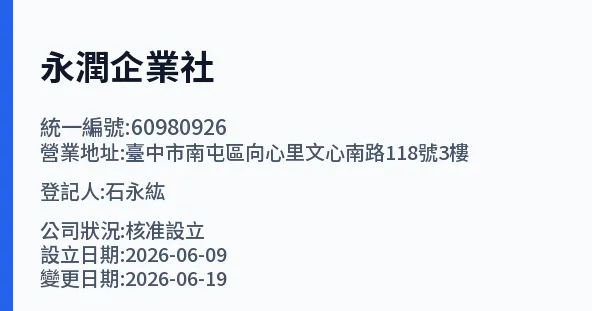 永潤企業社的照片-統編 60980926(臺中市) 公司登記資料與營業項目詳細圖表
