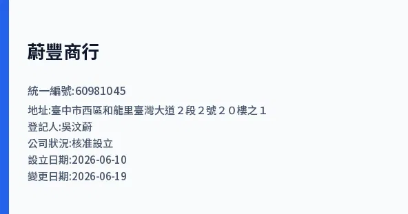 蔚豐商行的照片-統編 60981045(臺中市) 公司登記資料與營業項目詳細圖表