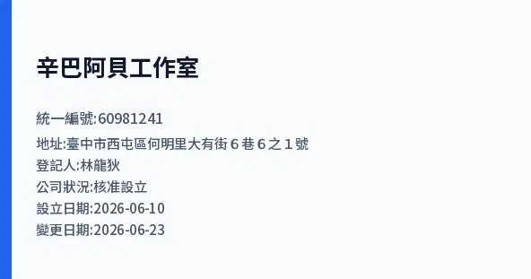 辛巴阿貝工作室的照片-統編 60981241(臺中市) 公司登記資料與營業項目詳細圖表