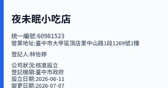 夜未眠小吃店的照片-統編 60981523(臺中市) 公司登記資料與營業項目詳細圖表