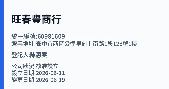 旺春豐商行的照片-統編 60981609(臺中市) 公司登記資料與營業項目詳細圖表