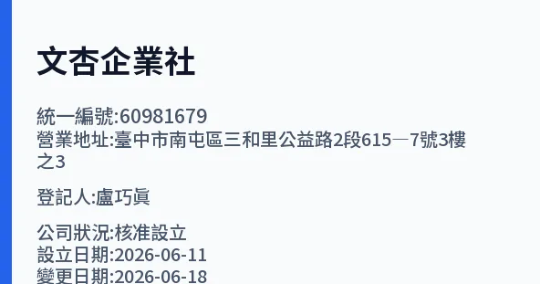 文杏企業社的照片-統編 60981679(臺中市) 公司登記資料與營業項目詳細圖表