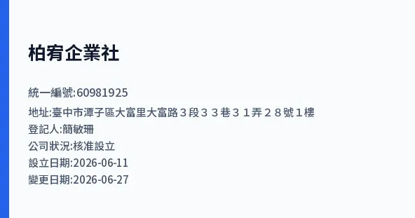 柏宥企業社的照片-統編 60981925(臺中市) 公司登記資料與營業項目詳細圖表