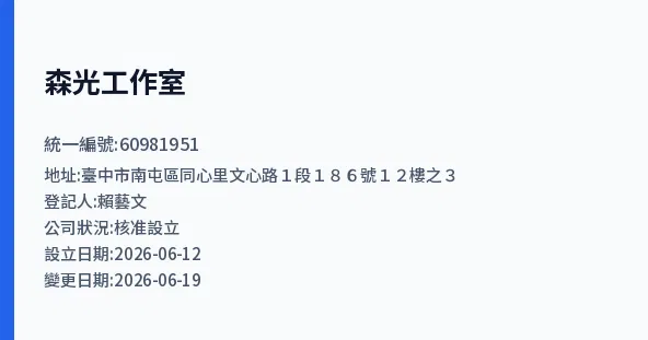 森光工作室的照片-統編 60981951(臺中市) 公司登記資料與營業項目詳細圖表
